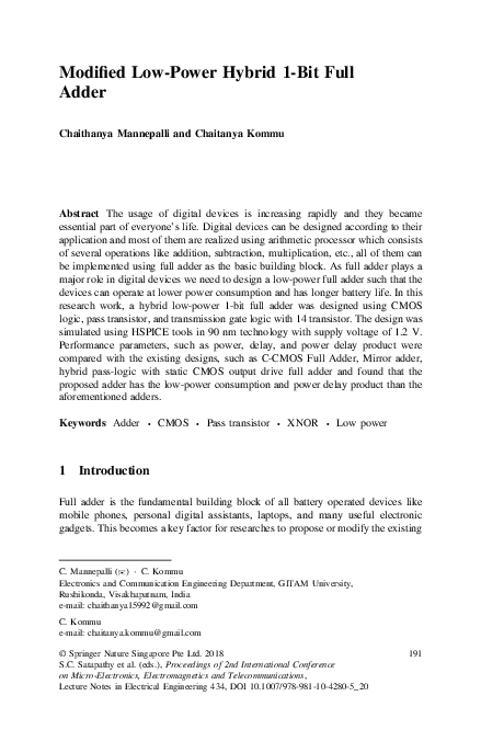Pdf Modified Low Power Hybrid 1 Bit Full Adder Chaitanya Kommu