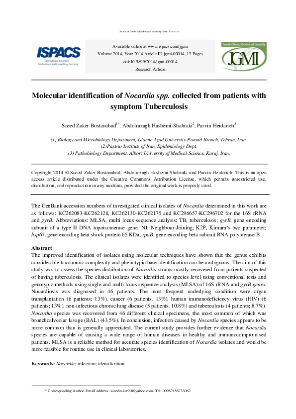 (PDF) Molecular identification of Nocardia spp. collected from patients ...