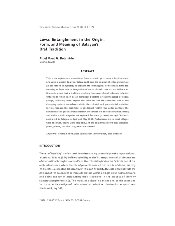 (PDF) Luwa: Entanglement in the Origin, Form, and Meaning of Balayan's ...