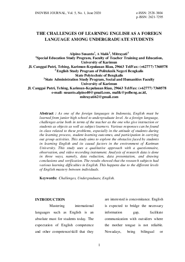 (PDF) The Challenges of Learning English as a Foreign Language Among ...