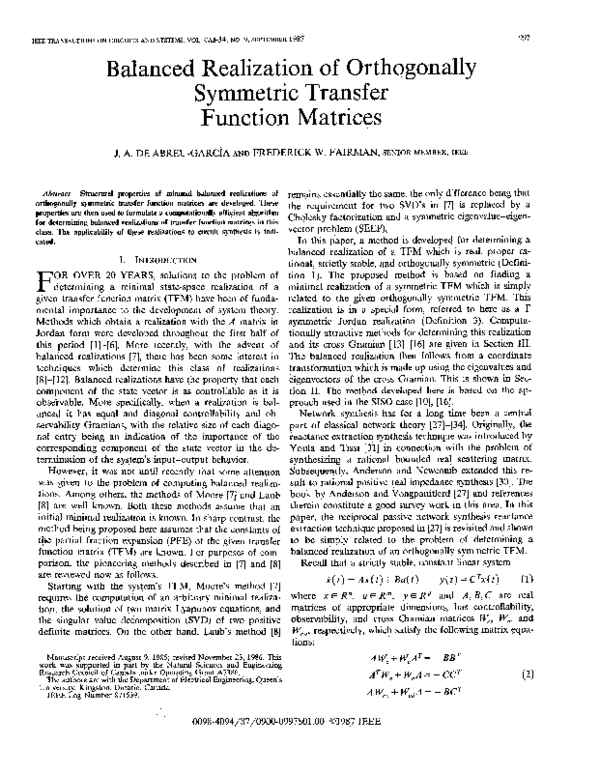 (PDF) Balanced realization of orthogonally symmetric transfer function matrices