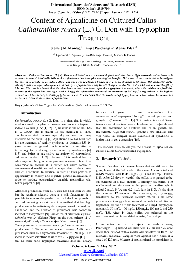 (PDF) Content of Ajmalicine on Cultured Callus Catharanthus roseus (L ...