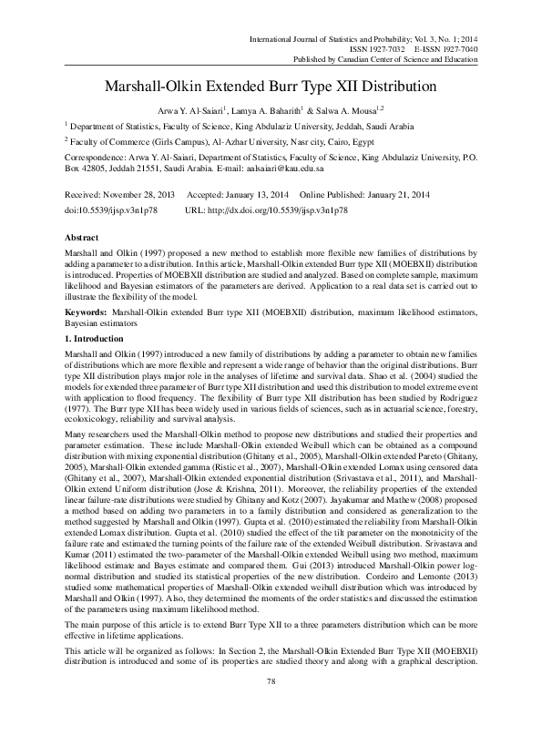 Pdf Marshall Olkin Extended Burr Type Xii Distribution