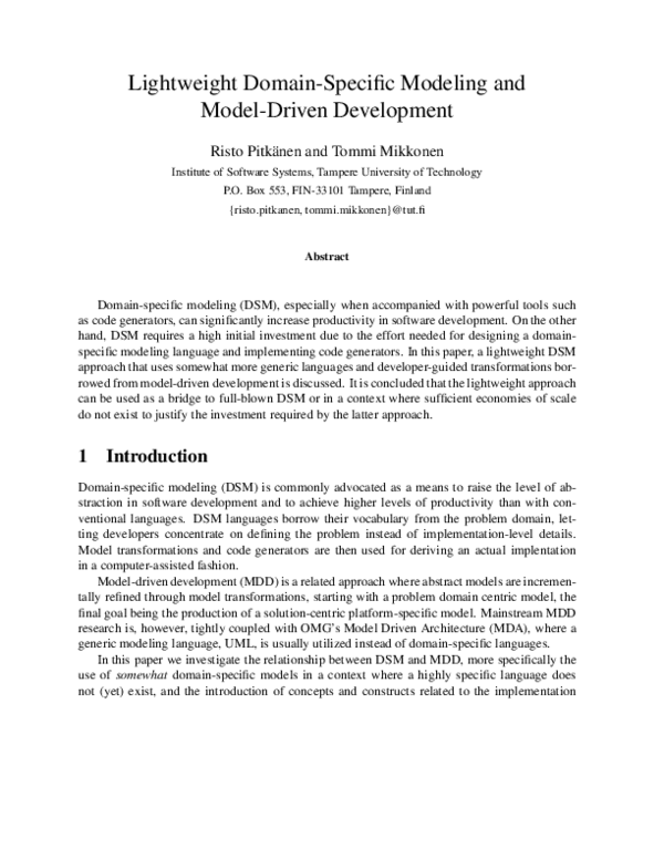 Pdf T Lightweight Domain Specific Modeling And Model Driven Development