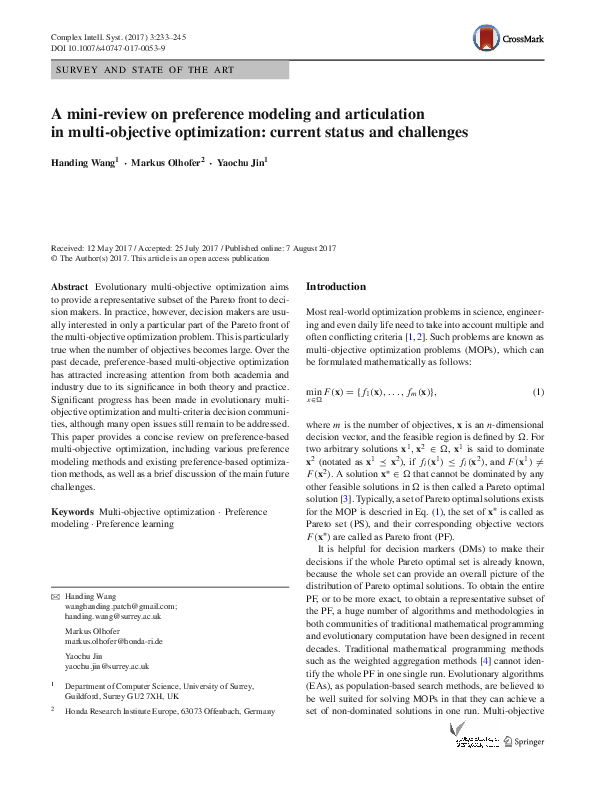 (PDF) A mini-review on preference modeling and articulation in multi-objective optimization ...