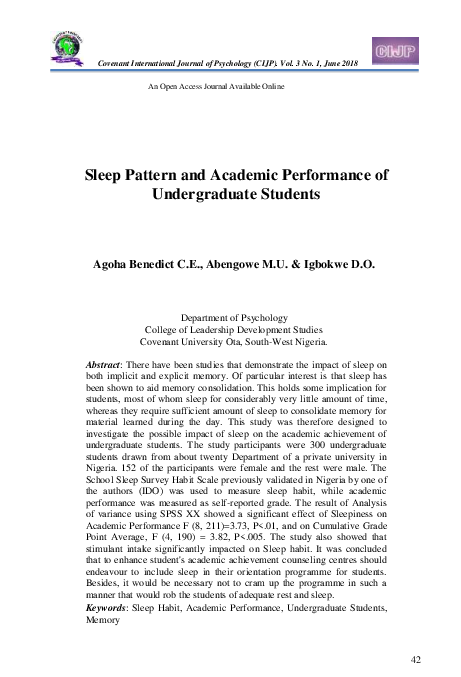 (PDF) Sleep Pattern and Academic Performance of Undergraduate Students