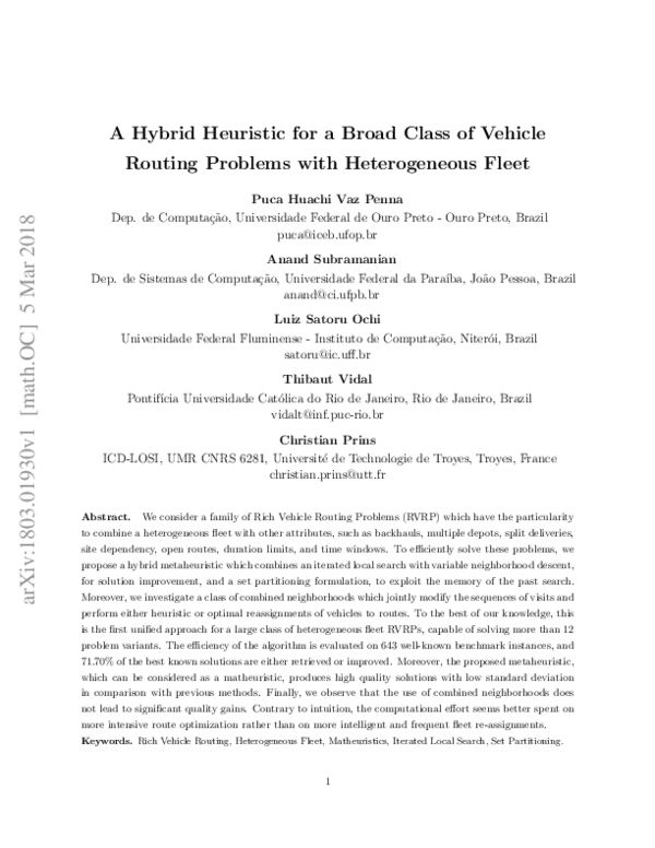 Pdf A Hybrid Heuristic For A Broad Class Of Vehicle Routing Problems With Heterogeneous Fleet