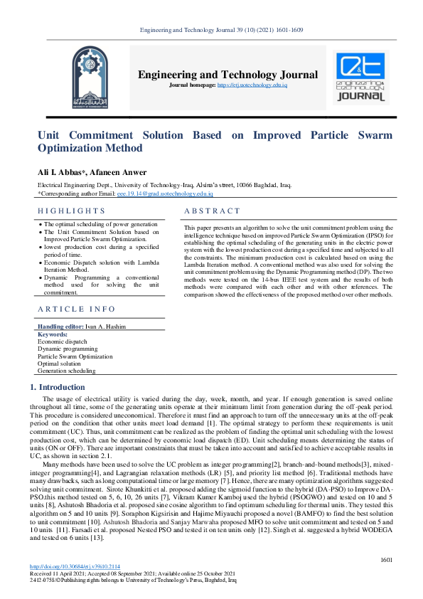 (PDF) Unit Commitment Solution Based on Improved Particle Swarm Optimization Method