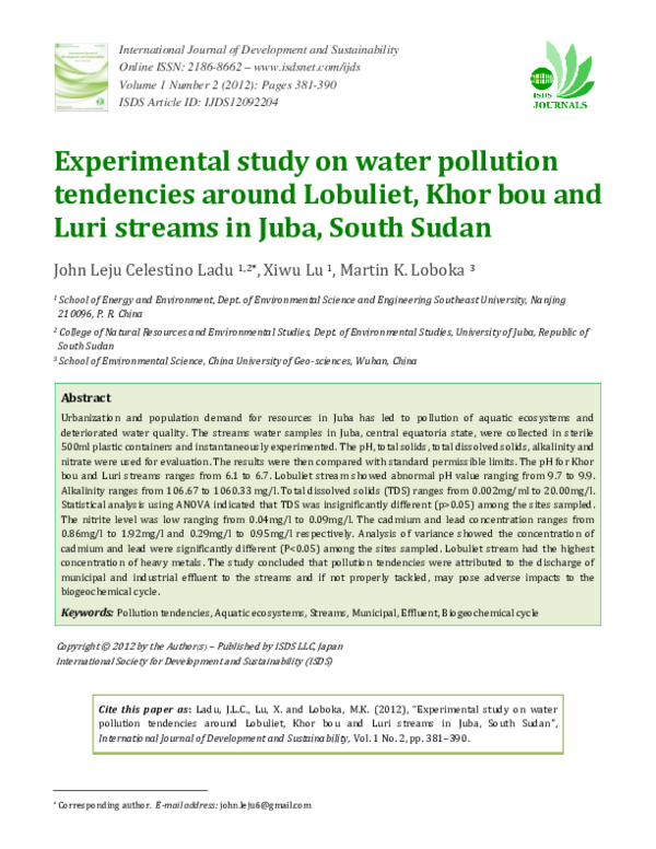 (PDF) Experimental study on water pollution tendencies around Lobuliet ...