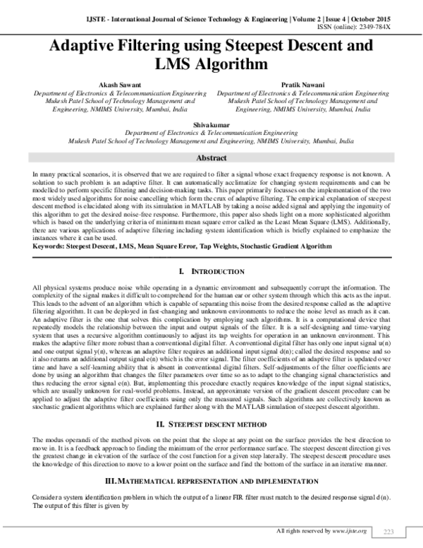 (PDF) Adaptive Filtering using Steepest Descent and LMS Algorithm