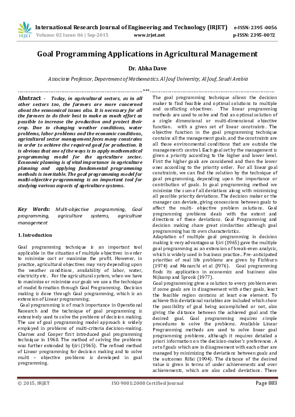 (PDF) Goal Programming Applications in Agricultural Management