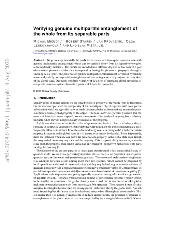 (PDF) Verifying genuine multipartite entanglement of the whole from its separable parts