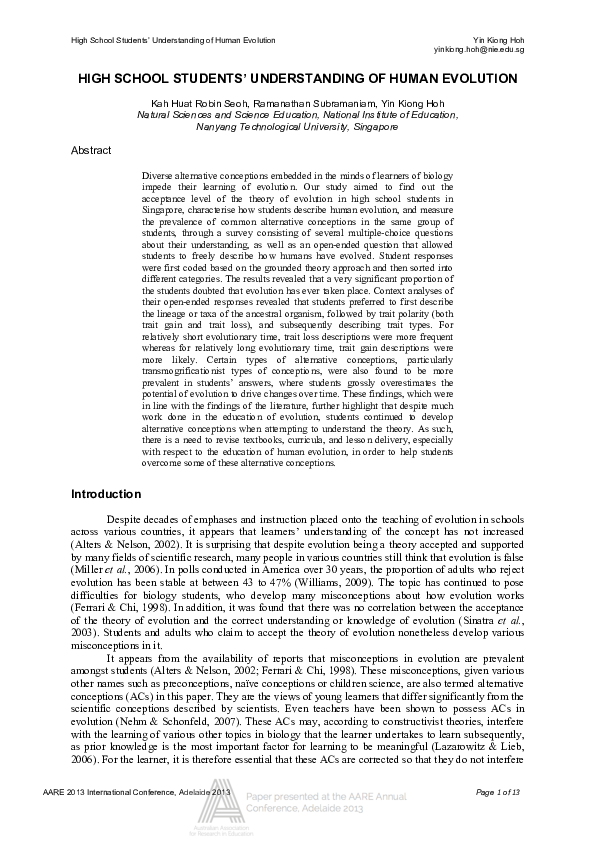 (PDF) High School Students' Understanding of Human Evolution