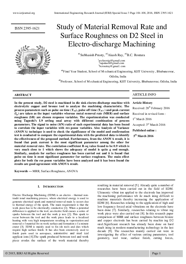 (PDF) Study of Material Removal Rate and Surface Roughness on D2 Steel ...