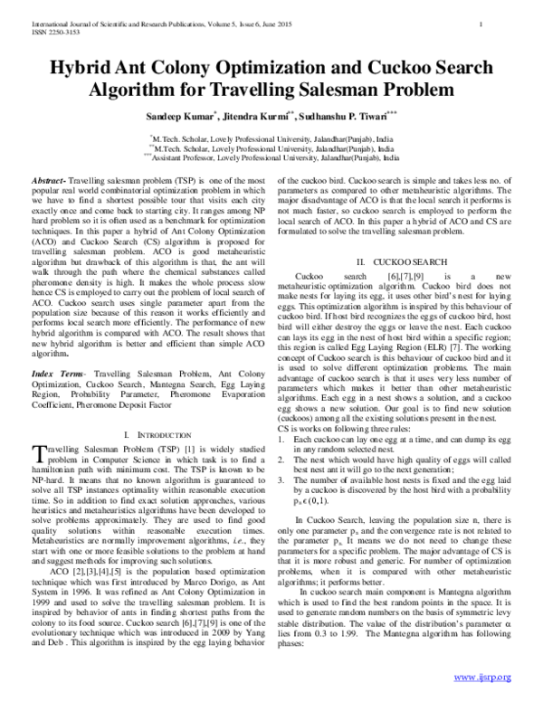 (PDF) Hybrid Ant Colony Optimization and Cuckoo Search Algorithm for Travelling Salesman Problem