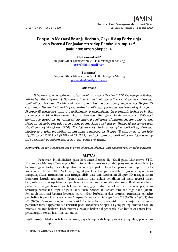 (PDF) Pengaruh Motivasi Belanja Hedonis, Gaya Hidup Berbelanja dan Promosi Penjualan terhadap ...