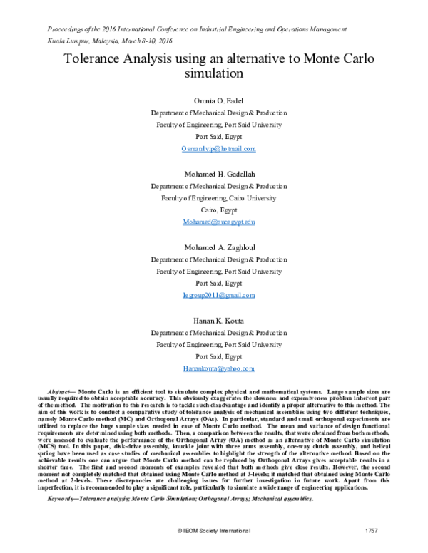 (PDF) Tolerance Analysis using an alternative to Monte Carlo simulation