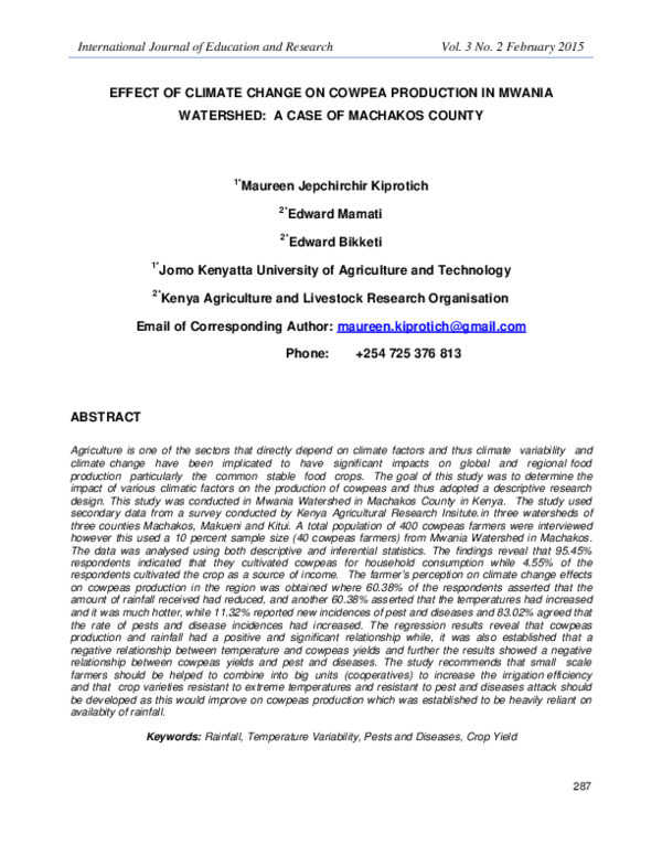 (PDF) Effect of Climate Change on Cowpea Production in Mwania Watershed ...