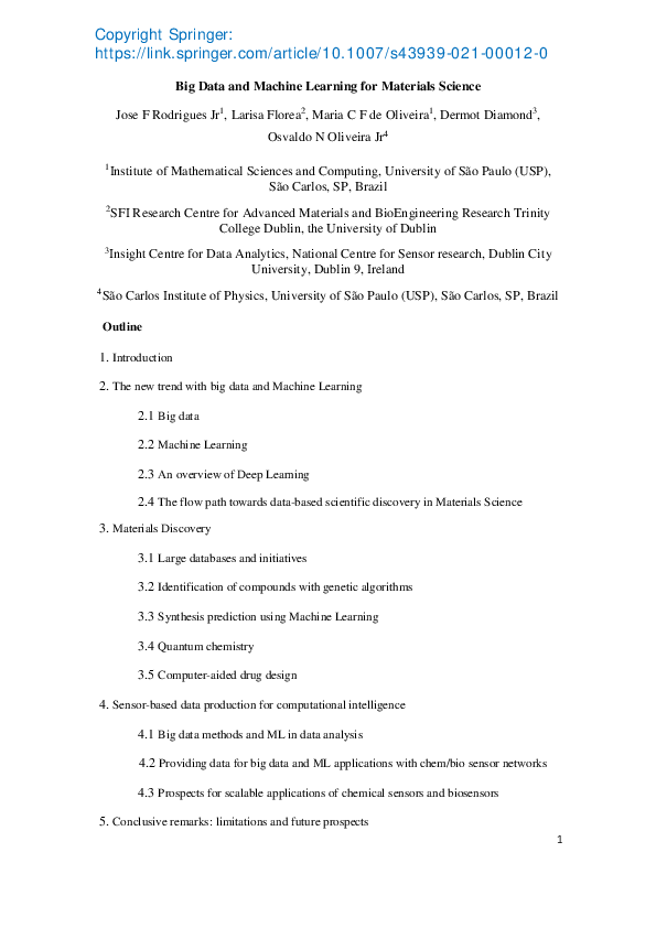 (PDF) Big Data and Machine Learning for Materials Science