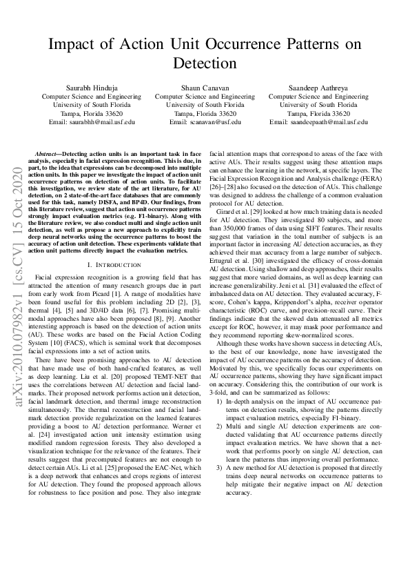 (PDF) Impact of Action Unit Occurrence Patterns on Detection | saandeep ...