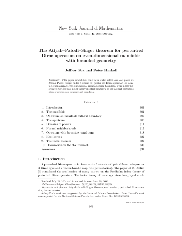 (PDF) The Atiyah-Patodi-Singer theorem for perturbed Dirac operators on ...