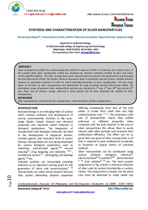(PDF) Biological Sciences SYNTHESIS AND CHARACTERIZATION OF SILVER ...