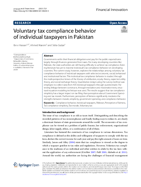 (PDF) Voluntary tax compliance behavior of individual taxpayers in Pakistan