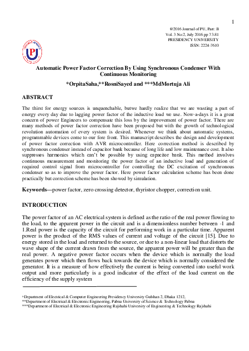 Pdf Automatic Power Factor Correction By Using Synchronous Condenser With Continuous Monitoring