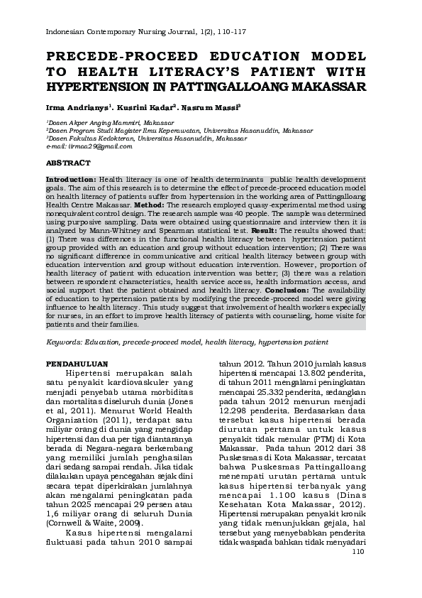 (PDF) Precede-Proceed Education Model to Health Literacy’s Patient With Hypertension in ...