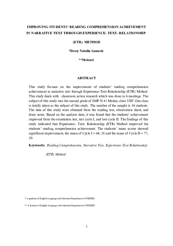 (PDF) Improving Students’ Reading Comprehension Achievement in Narrative Text Through Experience ...
