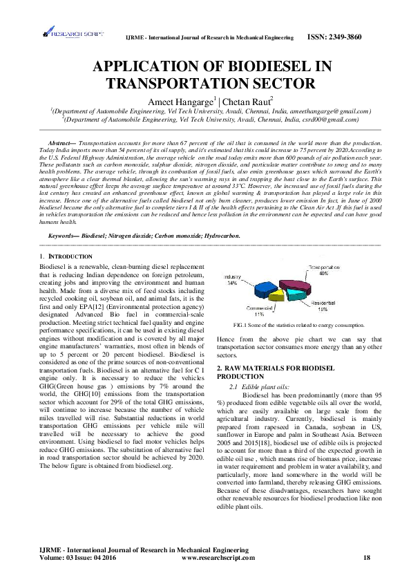 (PDF) Application of Biodiesel in Transportation Sector