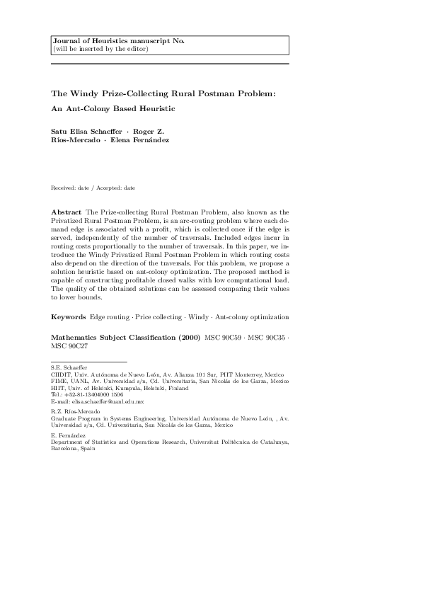 (PDF) The Windy Prize-Collecting Rural Postman Problem : An Ant-Colony Based Heuristic Satu