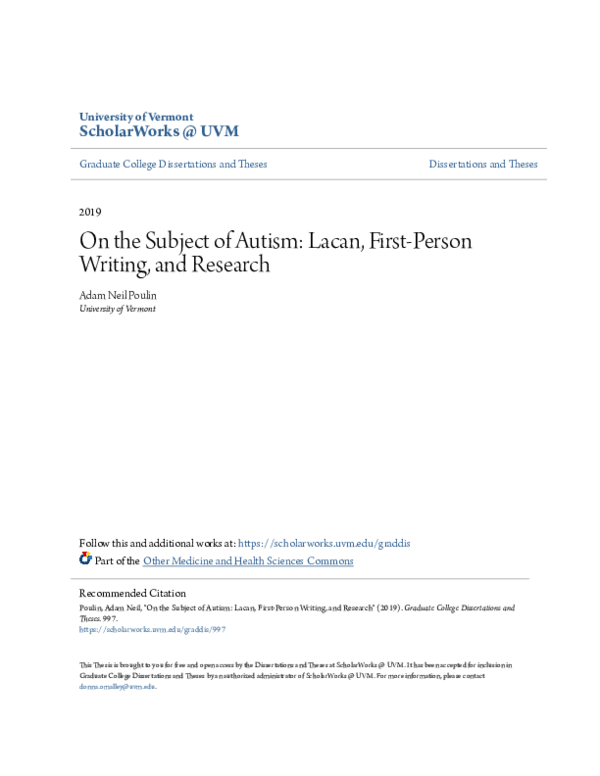 (PDF) On the Subject of Autism: Lacan, First-Person Writing, and Research