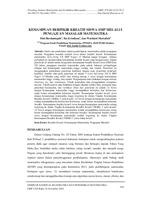 (PDF) Kemampuan Berpikir Kreatif Siswa SMP Melalui Pengajuan Masalah Matematika