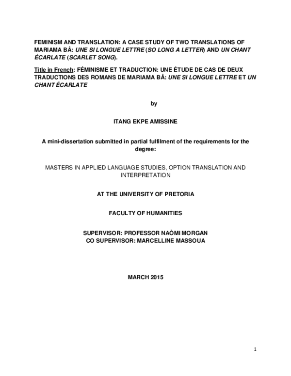 (PDF) Feminism and translation : a case study of two translations of ...