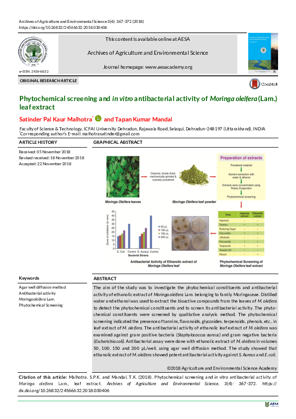 (PDF) Phytochemical screening and in vitro antibacterial activity of Moringa oleifera (Lam ...