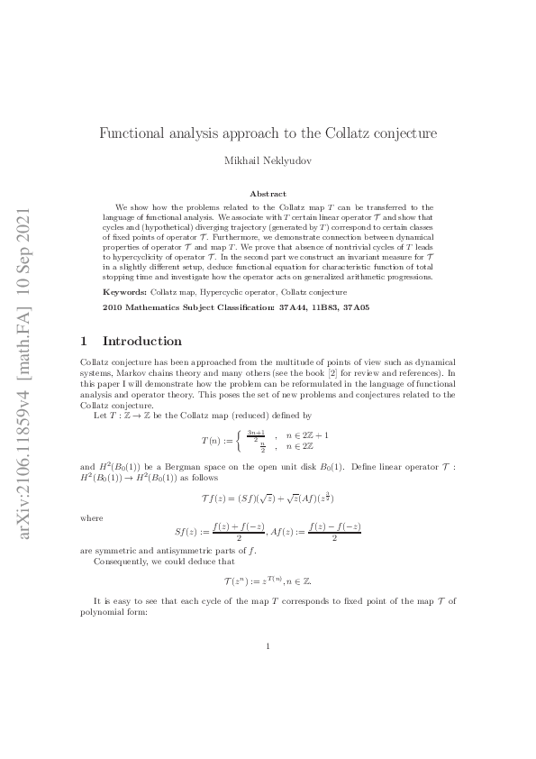 Pdf Functional Analysis Approach To The Collatz Conjecture Mikhail Neklyudov