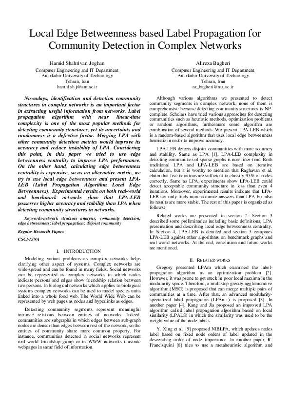 Pdf Local Edge Betweenness Based Label Propagation For Community Detection In Complex Networks