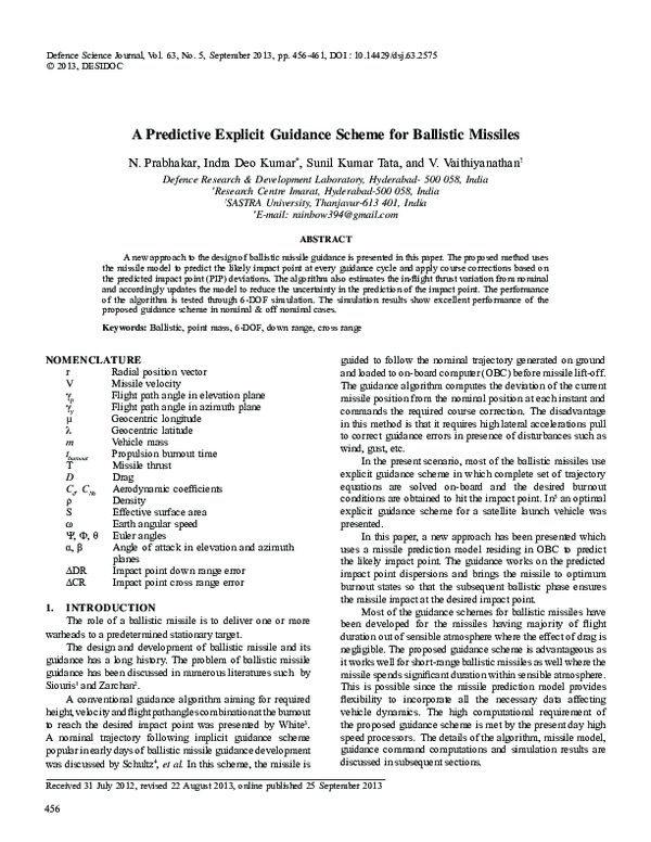 (PDF) A Predictive Explicit Guidance Scheme for Ballistic Missiles
