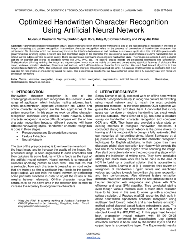 Pdf Optimized Handwritten Character Recognition Using Artificial Neural Network