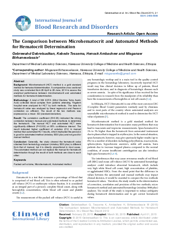 (PDF) The Comparison between Microhematocrit and Automated Methods for ...