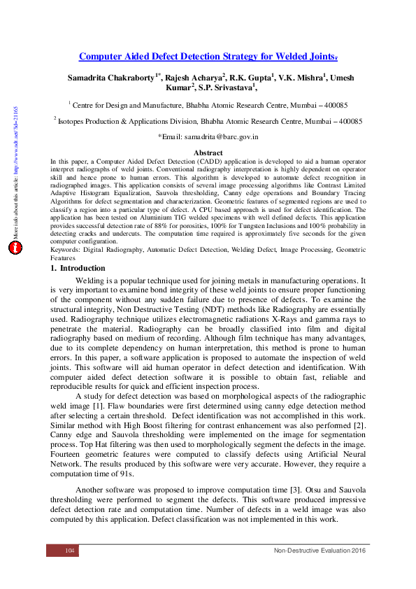 Pdf Computer Aided Defect Detection Strategy For Welded Joints