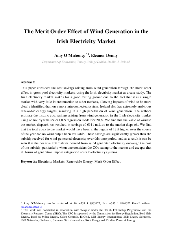 (PDF) The Merit Order Effect of Wind Generation on the Irish ...