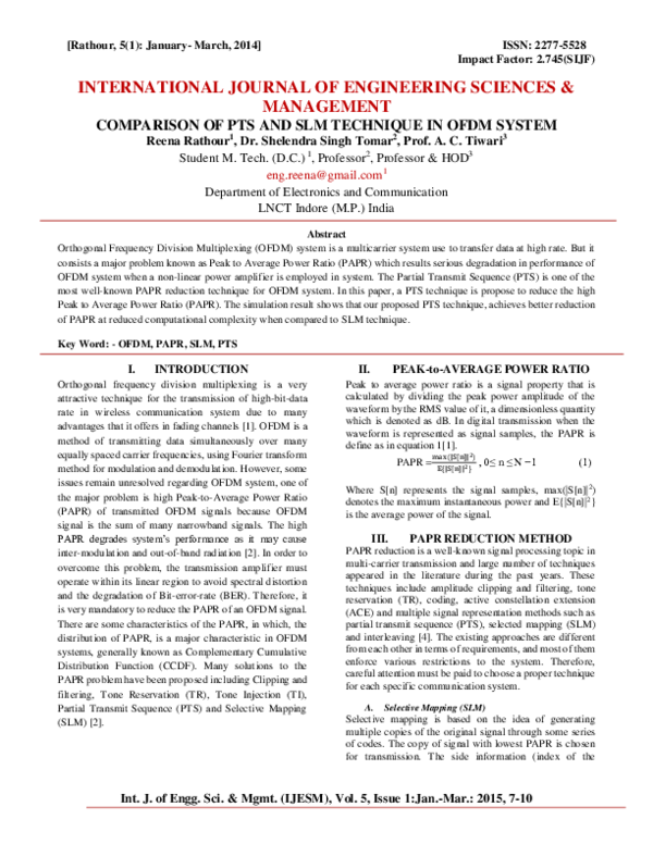 Pdf Comparison Of Pts And Slm Technique In Ofdm System