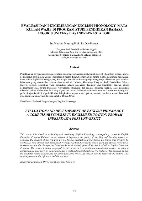 (PDF) Evaluasi Dan Pengembangan English Phonology Mata Kuliah Wajib DI Program Studi Pendidikan ...
