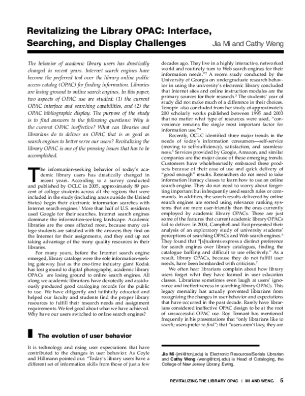(PDF) Revitalizing the library OPAC: interface, searching, and display challenges