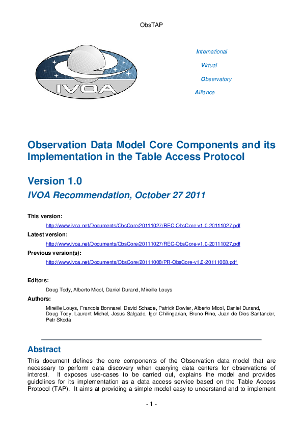 (PDF) IVOA Recommendation: Observation Data Model Core Components and its Implementation in the ...
