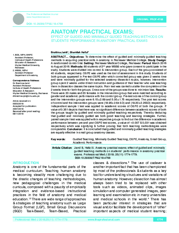 (PDF) Guided vs. Minimally Guided Methods in Anatomy Practical Exams