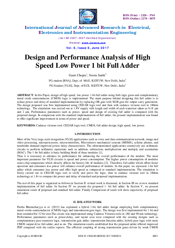 (PDF) Design and Performance Analysis of High Speed Low Power 1 bit Full Adder