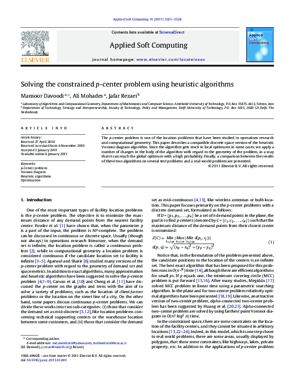 Pdf Solving The Constrained P Center Problem Using Heuristic Algorithms Jafar Rezaei